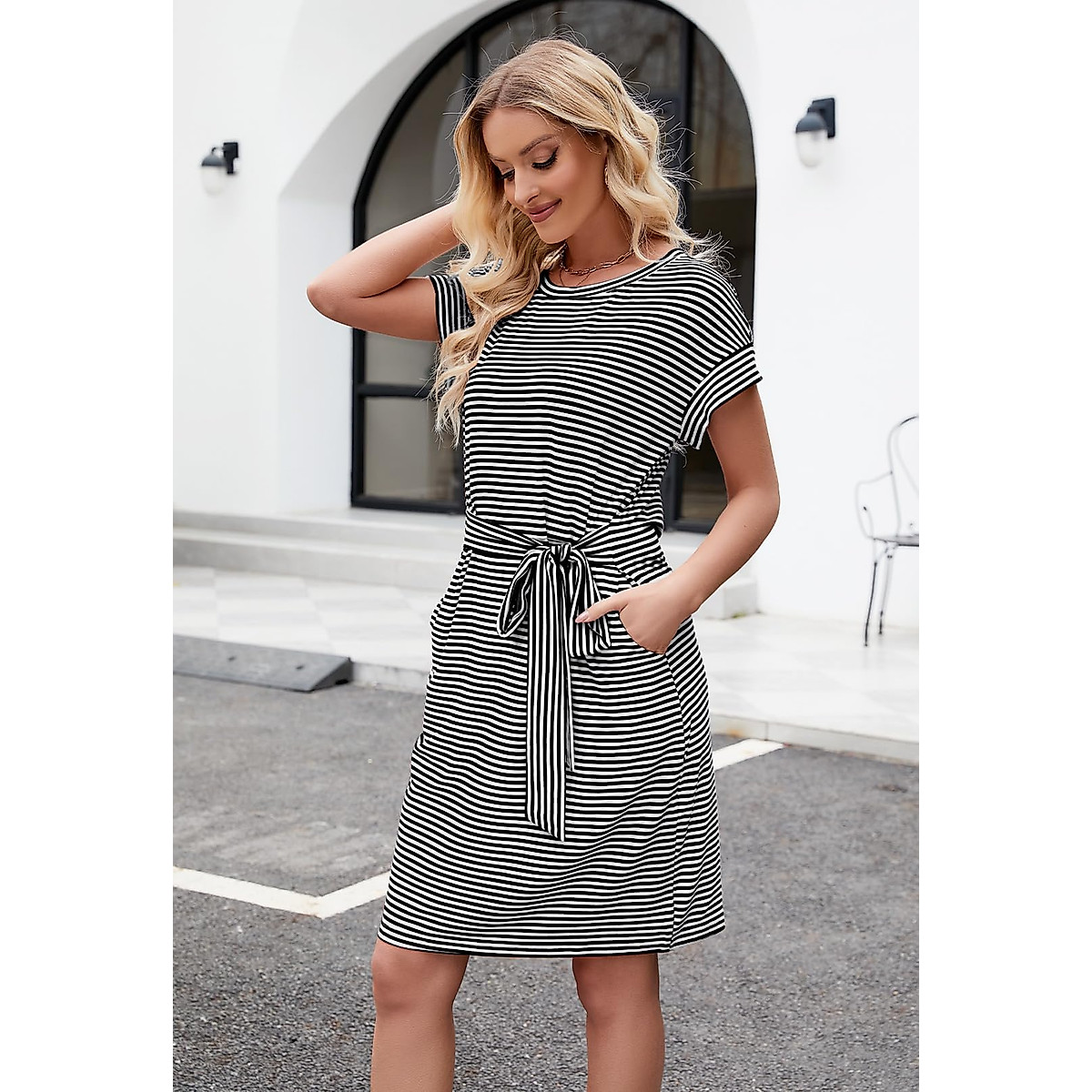 MEROKEETY Women's Summer Striped Short Sleeve T Shirt Dress Casual Tie Waist Midi Dress, Black, S