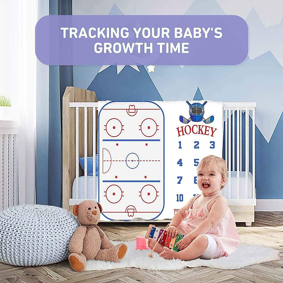 PHMOJEN Baby Age Milestone Blanket, Hockey Stadium Blanket for Nursery, Baby 1-12 Months Growth Chart, Includes 4 Frame and 1 Headband 47"x40" BTLSPH298