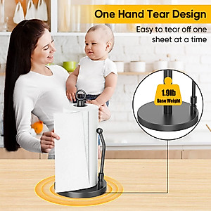 Paper Towel Holder Stainless Steel - One Hand Tear Paper Towel Dispenser Standing Weighted Base Non Slip, Spring Arm, Stainless Steel Paper Towel fits in Kitchen Bathroom Countertop Black