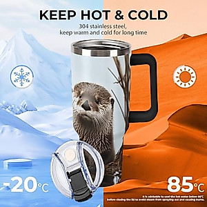 LLUTSNTH 40 Oz Vacuum Tumbler with Black Handle Leakproof Insulated Tumbler Cute Otter Stainless Steel Travel Mug with Lid And Straw Coffee Cup Cute Water Bottles Cup Holder Friendly