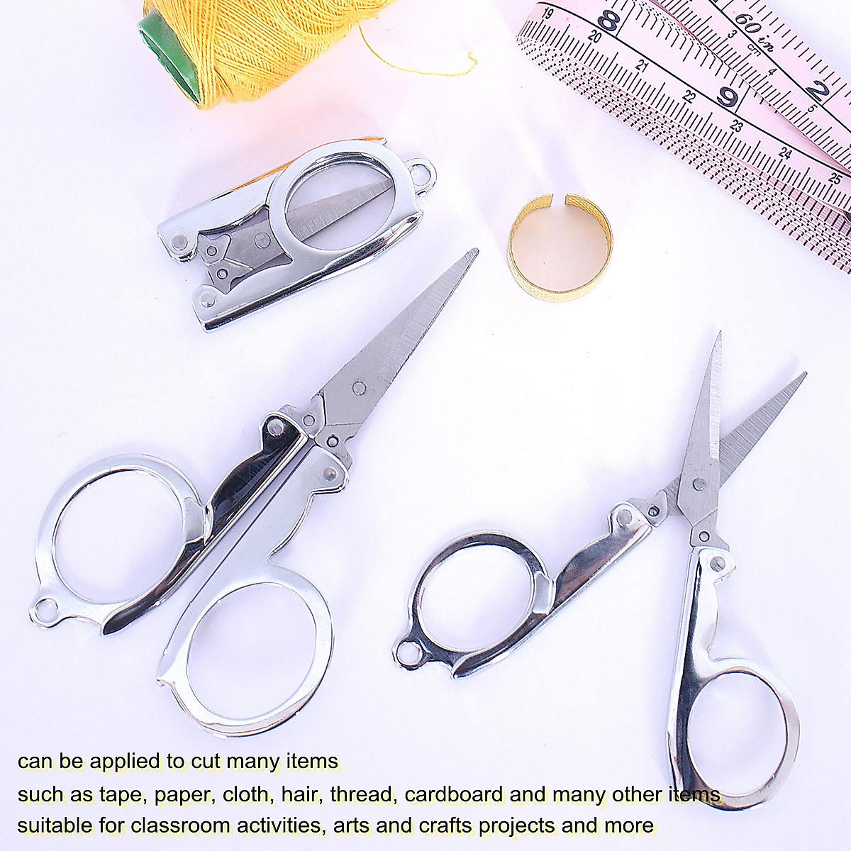 Foldable Small Scissors,Portable Mini Travel Scissor,Big Size Stainless Steel Folding Scissor with Keychain Pointy Small Sewing Fold Up Scissors Craft Camping 4 pack