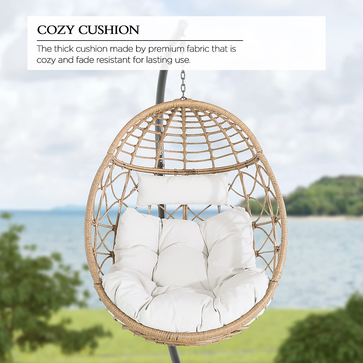 Ulax Furniture Swing Egg Chair with Stand - Indoor/Outdoor Wicker Rattan Hammock Chair with UV-Resistant Cushions - Patio Hanging Chair for Garden, Deck, and Poolside