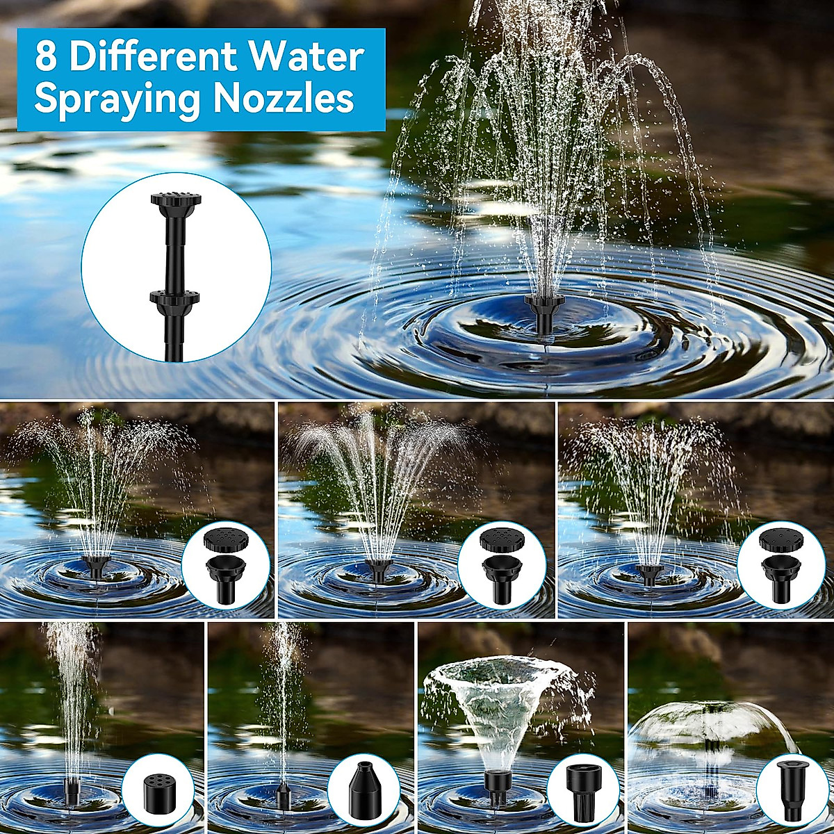 POPOSOAP Solar Fountain Pump with 3000mAh Battery Backup, 8W Solar Powered Bird Bath Fountain with Dry-run Protection & Double-layer Nozzles 5Ft Tubing for Pond, Bird Bath, Backyard Water Feature