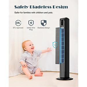 Uthfy Electric Standing Tower Fan,34'' Oscillating Tower Fan with Remote, Floor Fan for Bedroom Office and Home,Quiet Cooling Fan,Portable Bladeless Tower Fan with LED Display,Black