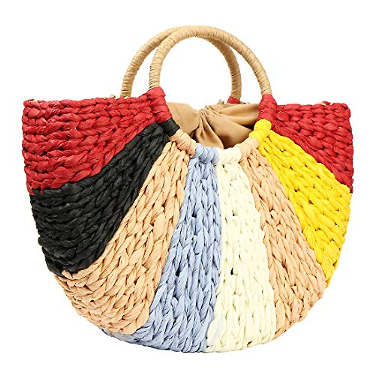 Summer Rattan Bag for Women Hand-woven Beach Top-handle Handbag Straw Rattan Tote Bags (Red and black multicolor)