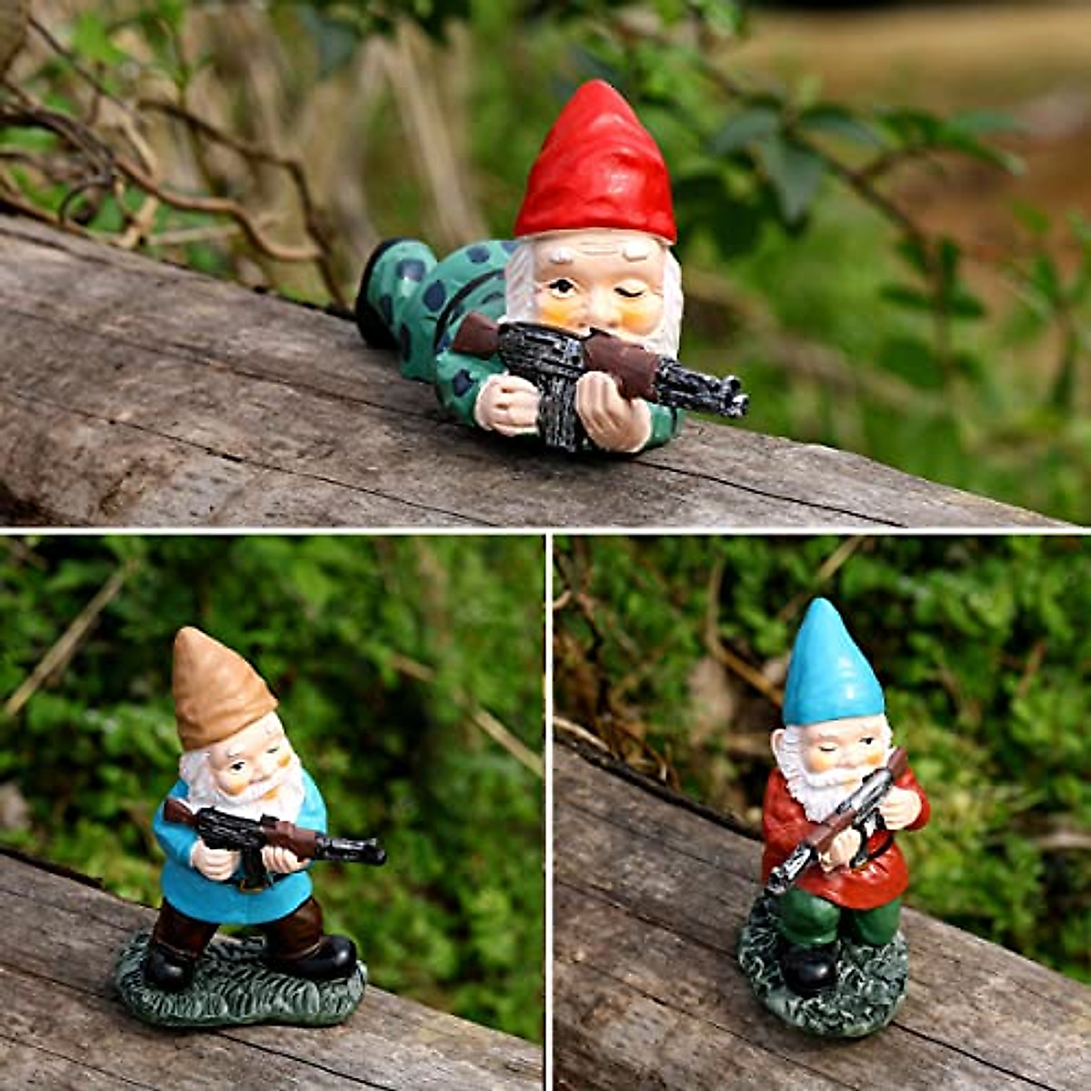 PERFECTOP 3Pcs Military Soldier Garden Gnomes with Guns AK47, Funny Army War Combat Defender Gnome Statue Figurines, Indoor Outdoor Patio Yard Lawn Desktop Decor, Thanksgiving Christmas Ornament Gift