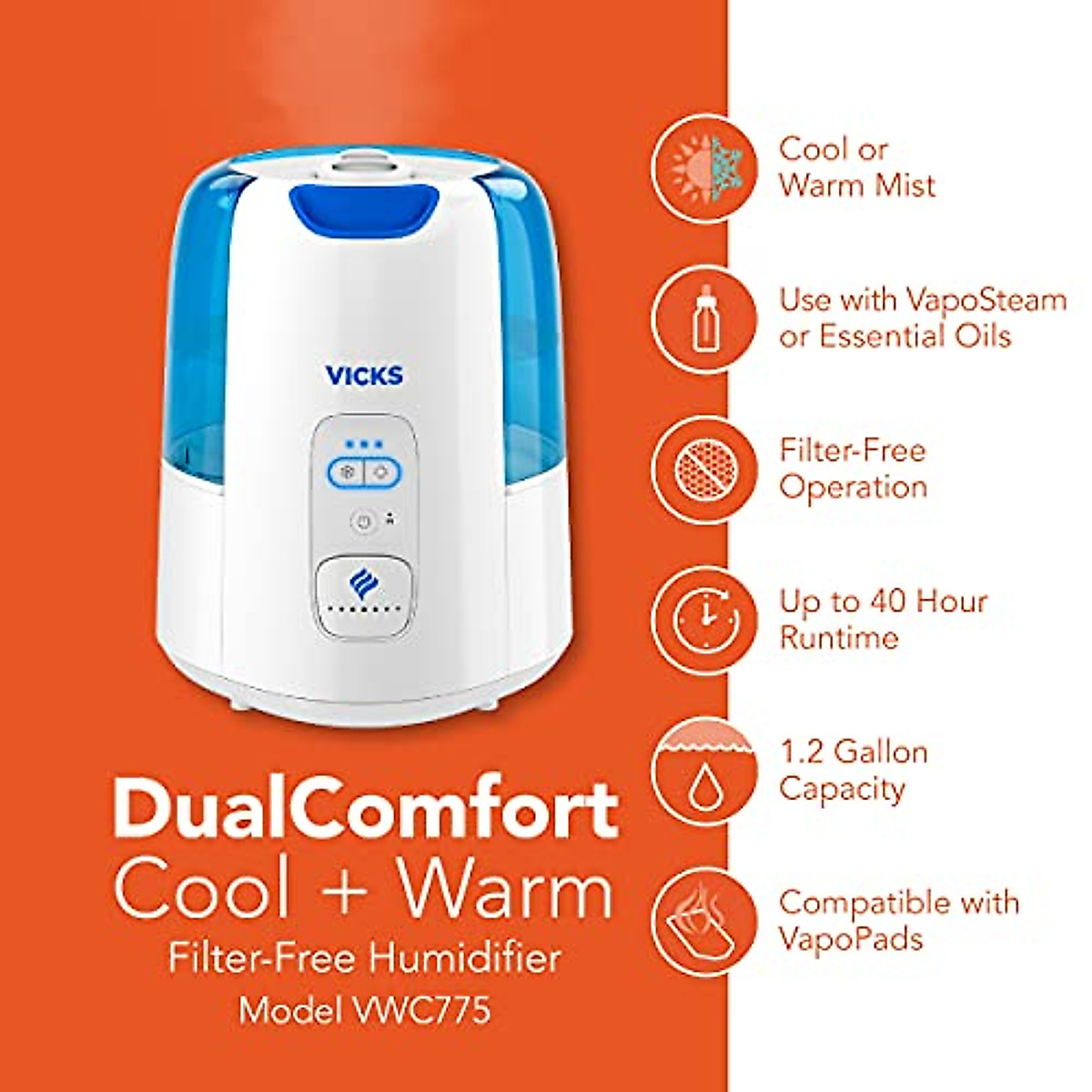 Vicks Dual Comfort – Cool + Warm Mist Humidifier (VWC775) – Warm and Cool Mist Humidifier with Fusion Mist Technology and Heated Medicine Cup, for Year-Round Use in Large Rooms