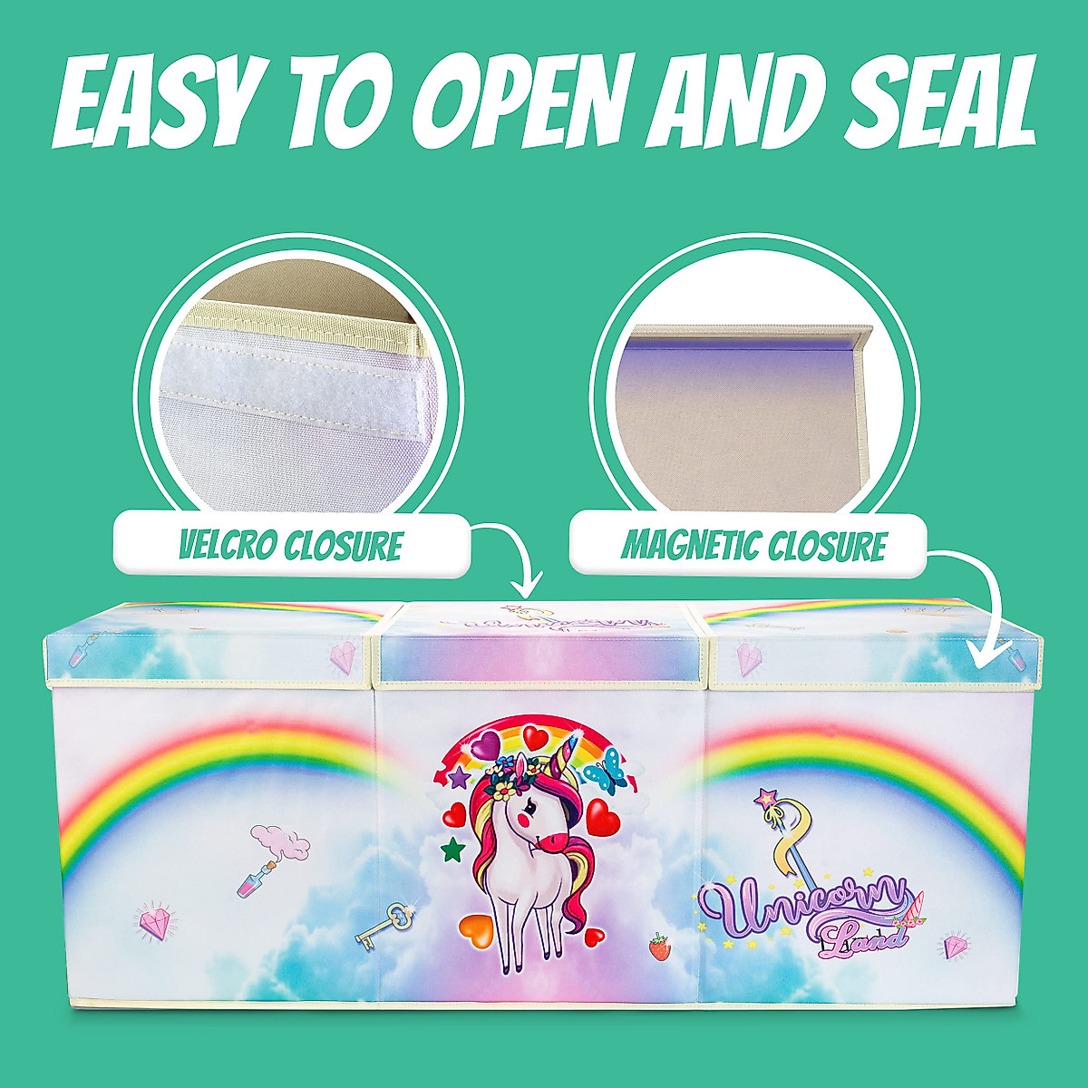 Toy To Enjoy Kids Toy Box - Large Stuffed Animal Storage, Collapsible Toy Chest Bin, Durable Fabric Toy Box for Boys & Girls - Storage Basket with Lid & Removable Inserts, 38x13x15 Inches (Unicorn)