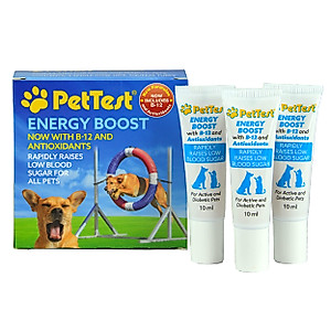 PetTest New Energy Boost Glucose SOS for Pets Instantly Increases Low Blood Sugar. B12 and Antioxidants 3x10ml Tubes. Fast Acting, Meat Flavoured, Rapid Recovery for Active or Diabetic Dogs & Cats.