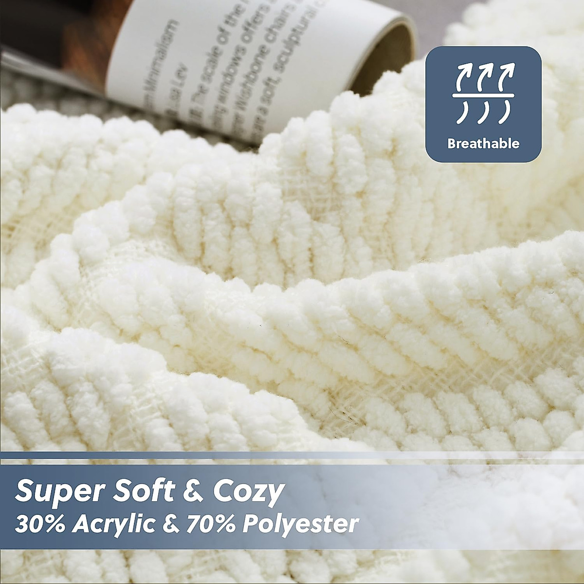 Bedsure White Throw Blankets for Couch - Textured Knit Woven Chenille Blanket - Super Soft, Warm Decorative Boho Throw with Tassels for Bed, Sofa and Living Room, Cream White, 50x60 Inches