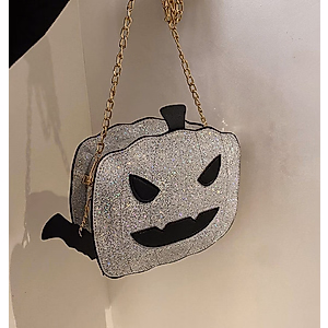 QZUnique Pumpkin Shoulder Bag, Halloween Crossbody Bags with Silver Sequin, Fashion Casual Bags with Bat Pendant for Women, Stylish Lightweight Purse