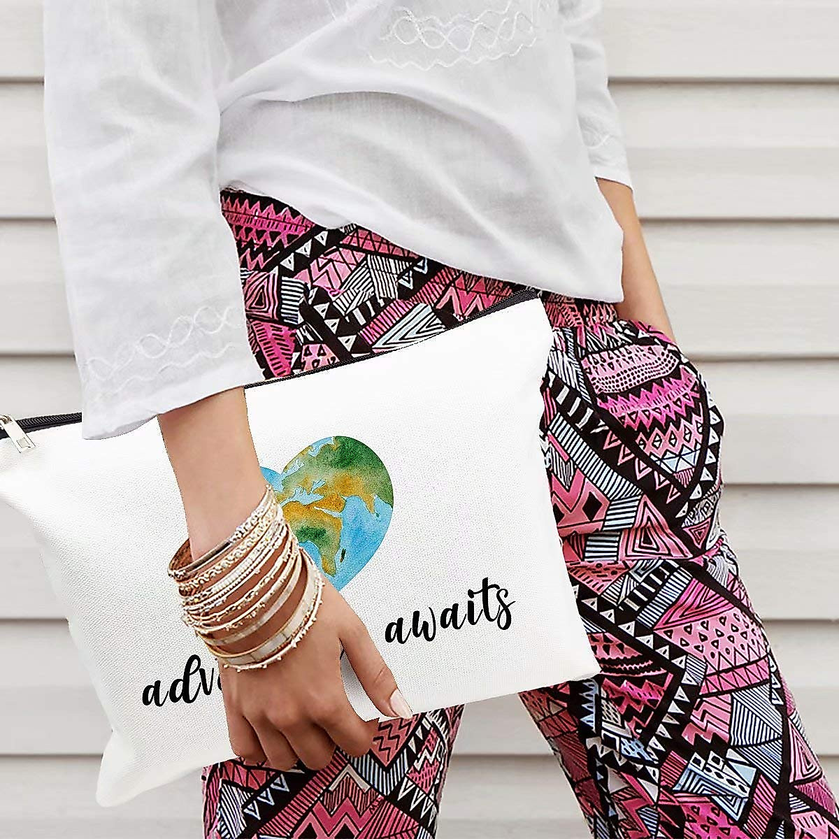 Cokosoxo Travel Bag Adventure Awaits Cosmetic Bag Nature Linen Cotton World Map Makeup Case Great Gift for Women Friends Bestie Daughter Graduation Friendship Birthday Gifts,10x7.5 Inch