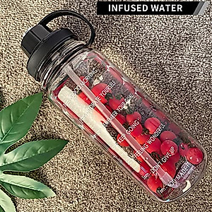 Ferexer Large 48 oz Glass Water Bottle with Straw & Time Marker, Reusable Motivational Borosilicate Water Bottle with Neoprene Sleeve BPA Free