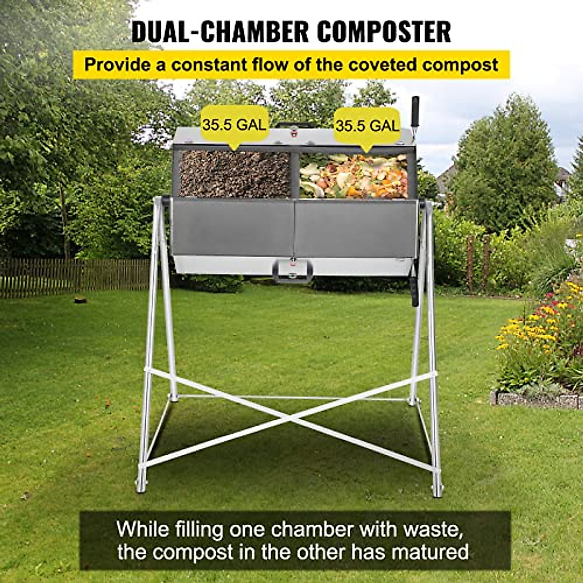 VEVOR Compost Tumbler, 71 US Gallons, Rustproof Stainless Steel Dual-Chamber Garden Composter, Heavy-Duty, All-Season Outdoor Compost Bin, Fast-Working System for Composting Kitchen ＆ Yard Waste