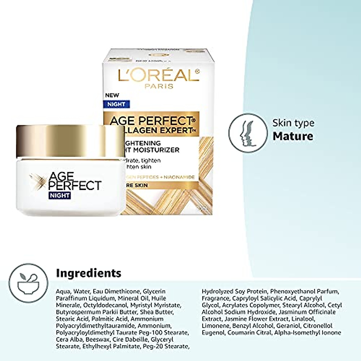 L'Oreal Paris Skin Care Age Perfect Night Cream, Anti-Aging Face Moisturizer With Soy Seed Proteins, 2.5 Oz