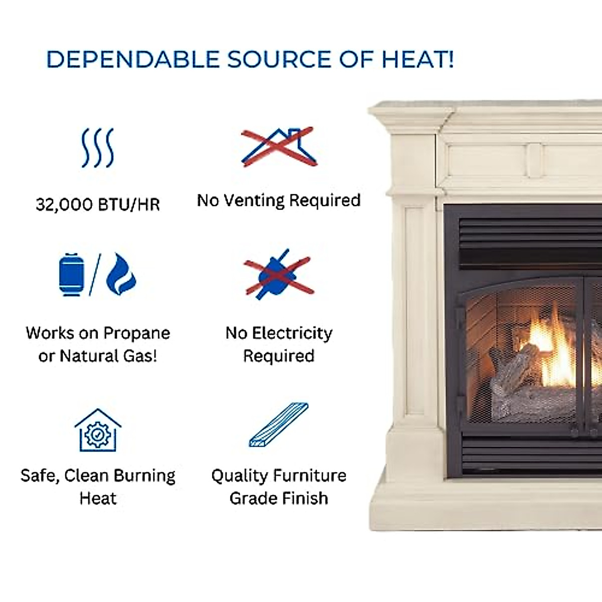 Duluth Forge Dual Fuel Ventless Gas Fireplace System with Mantle, Remote Control, 6 Fire Logs, Use with Natural Gas or Liquid Propane, 32000 BTU, Heats up to 1500 Sq. Ft., Antique White