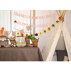 GEJ Happy Friendsgivng Banner,Thankful for You Banner,Girly Friendsgiving Party Decorations, Pink Friendsgiving Decorations,Thanksgiving Decorations Banner for Thanksgiving Friendsgiving Mantel