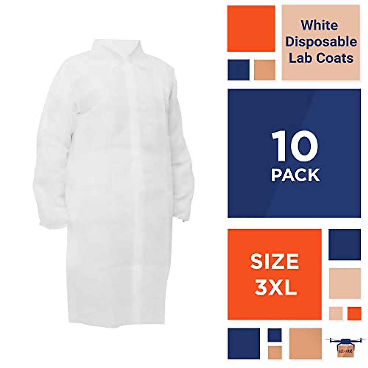 EZGOODZ White Disposable Lab Coat 3X-Large, Pack of 10 Disposable Lab Coats for Adults, Breathable PP 35 GSM Painting Lab Coat Disposable with Elastic Wrists, Loop Fasteners, Unisex PPE Coat No Pocket