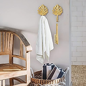 MyGift Vintage Gold Leaf Design Wall Hanging Hooks, Metal Monstera Leaves Wall Mounted Entryway Storage Coat Hooks, Set of 4 - Handcrafted in India