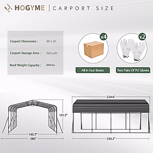 HOGYME Carport 12x20 FT Heavy Duty Carport Canopy with Updated Frame Structure Galvanized Steel Roof and Enhanced Base, Metal Carport Garage for Pickup, Boat, Car and Tractors, Grey, Gray, HG1348