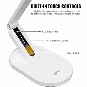 JKSWT LED Desk Lamp for Reading, Eye-Caring Natural Light Protects Eyes Dimmable Office Table Lamps with 5 Color Modes USB Charging Port Touch Control and Memory Function,10W