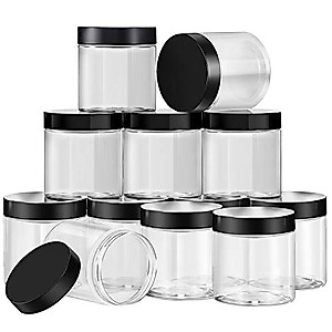 12 Pack Small Plastic Containers with Lids Clear Plastic Favor Storage Jars Wide Mouth for Beauty Products (10 Ounce, Black)