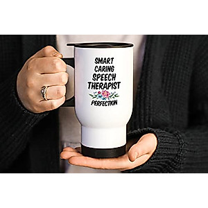 Casitika Speech Pathologist Gifts. 14 Oz Speech Therapy White Steel Travel Mug. Novelty Cups For Slp Teachers, Students Or Co-workers.