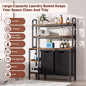 GAOMON Laundry Basket,Laundry Hamper 2 Section with Side Shelves,3 Tiers Laundry Sorter with 2 Pull-Out and Removable Laundry Bags,Black & Rustic Brown