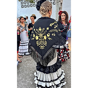 La Senorita Spanish Flamenco Dance Shawl Large Black with golden flowers Large