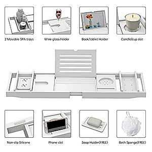 Bamboo Bathtub Tray Bath Tub Caddy with Expandable Handles Wine Glass Phone Holder Book Stand for Bathroom White