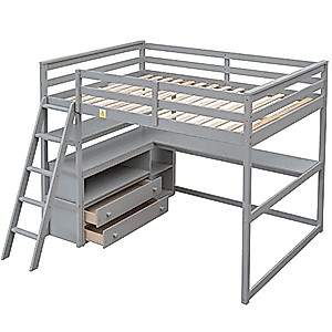ODC Full Size Loft Bed with Desk and Shelves, Solid Wood Loft Bed Frame with 2 Storage Drawers for Teens,Boys, Girls, Adults, No Box Spring Needed
