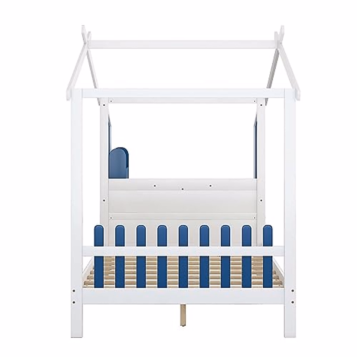 Heliosphere Full Size Platform Bed Frame with Built-in Desk and 2 Drawers, Storage Bed Frame with Separate Storage Pen Case, House Shaped Platform Bed, Solid Wood Bed Frame for Kids Teens Bedroom