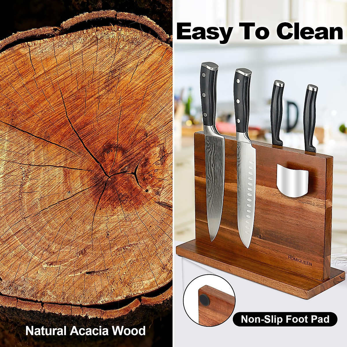 Magnetic Knife Block, Double Sided Magnetic Knife Holder Rack with Strong Enhanced Magnets, Acacia Wood Magnetic Knife Storage Stand with Stainless Steel Finger Protector