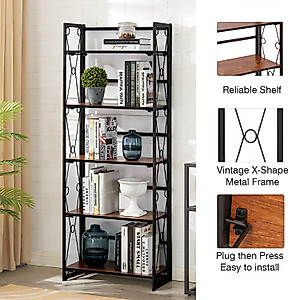 VECELO 5 Tier Folding Bookshelf, No Assembly Book Shelf Bookcase Set of 2, Industrial Metal Free-Standing Shelves Organizer Home Decor for Living Room, Bedroom, Study, Kitchen, Walnut