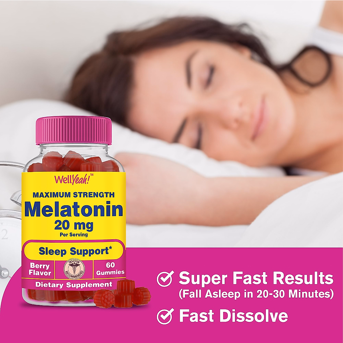 WellYeah Melatonin Gummies 20mg | Sleep Support | Maximum Strength Melatonin 20mg Gummies for Adults | Fast Dissolved | Great Berry Flavor | 60 Count | Vegan, Non GMO