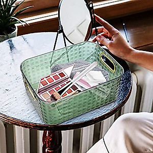 LIOOBO Plastic Storage Bin Tote: Clear Organizer Baskets Organizing Container Fridge Storage Bin Stackable Sundries Decorative Shelf Basket for Office Entryway Closet Cabinet Green