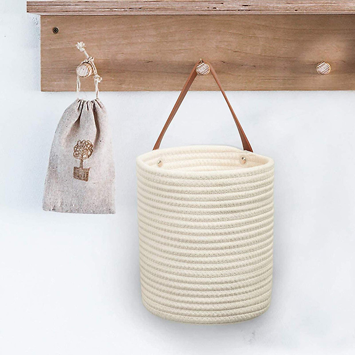 Cotton Rope Basket with Handle for Baby Laundry Basket Toy Storage Blanket Storage Hanging Basket Round Multi-Purpose Woven Wall Rope Basket for Home White S