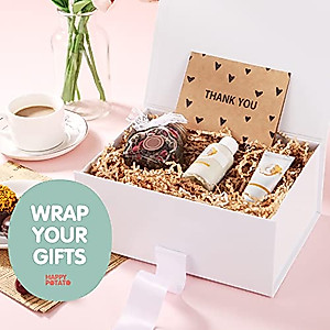 HAPPY POTATO Gift Box with Ribbon 9x6.5x3.8 Inches, White Gift Box with Lid and Ribbon, Bridesmaid Proposal Box, Magnetic Gift Box for presents (Glossy White)