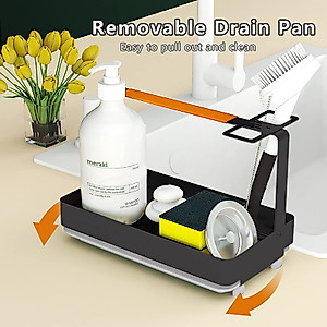 TIANYAN Kitchen Sink Caddy Sponge Holder, Rustproof Kitchen Sink Organizer for Countertop with Drain Pan,4-in-1 Dish Brush Soap Sponge Holder with Dishcloth Rack ,Black