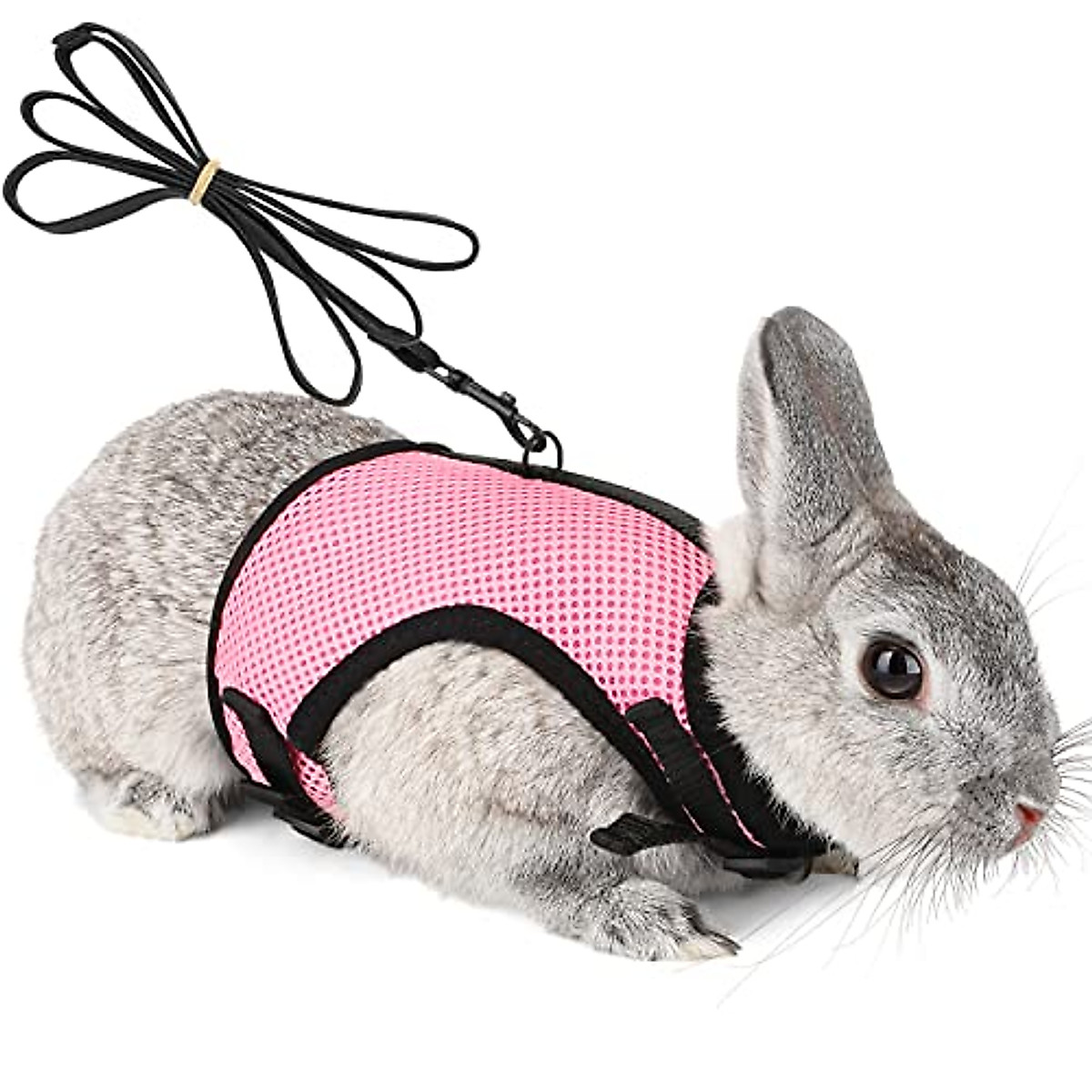 Pettom Bunny Rabbit Harness with Stretchy Leash Cute Adjustable Buckle Breathable Mesh Vest Harness and Leash Set for Kitten Small Pets Holland Lop Bunnies Walking (S(Chest:10.8-12.9 in), Pink)