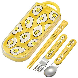 Sanrio Gudetama Egg Lunch Utensil Set- Sunnyside Up- Includes Reusable Fork, Spoon, Chopsticks and Carrying Case - Authentic Japanese Design - Durable, Dishwasher Safe