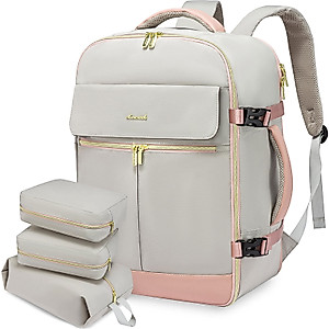 LOVEVOOK Carry On Backpack, 40L Travel Backpack Women with 3 Packing Cubes, TSA Airline Approved Suitcase Bag as Personal Item, Waterproof 17 inch Laptop Backpack for Weekender Overnight,Grey Pink