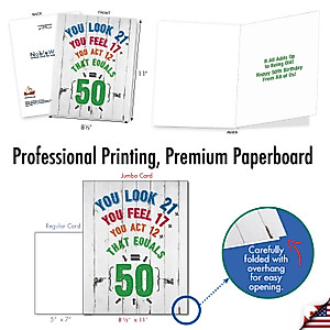 NobleWorks - 50th Big Funny Birthday Card (8.5 x 11 Inch) - Group Milestone Notecard for Year Old, Birthday Congrats from All of Us - Age Equation 50 J7195MBG-US
