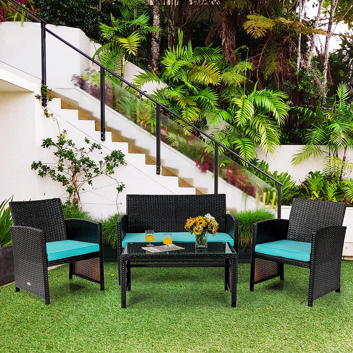 Tangkula 4 Pieces Rattan Furniture Set, Outdoor Conversation Set w/Chair & Loveseat & Tempered Glass Coffee Table, Suitable for Garden, Backyard, Poolside, Patio Furniture Set for 4 (1, Turquoise)