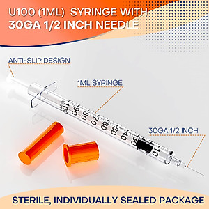 GODCREAT 1ml/cc Syringe with Needle, 30 Gauge 1/2 inch Disposable Lab Dispensing Supplies Individually Wrapped, Pack of 25