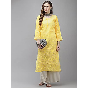 Ada Indian Hand Embroidered Chikankari Women's Cotton Straight Tunic Kurti Kurta A411345 (Yellow, 5XL)