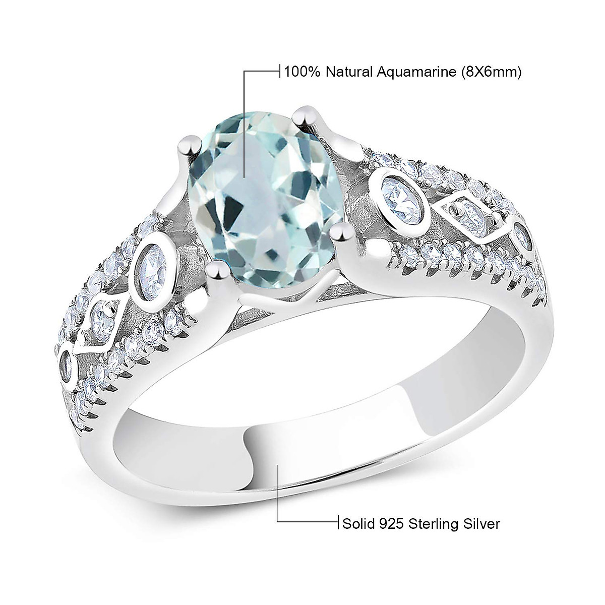 Gem Stone King 925 Sterling Silver Sky Blue Aquamarine Engagement Ring For Women (1.66 Center Stone: 8X6MM Oval, Gemstone Birthstone, Available In Size 5, 6, 7, 8, 9)
