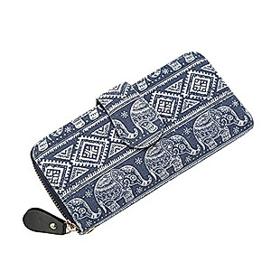 LATH.PIN Bohemian Purse Wallet Canvas Elephant Pattern Handbag with Coin Pocket and Strap (Blue, Large)