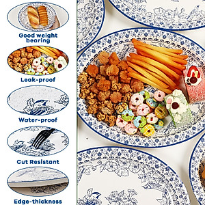 50 PCS Blue Floral Oval Paper Plates Blue & White Floral Party Tableware Set Blue and White Flowers Disposable Party Supplies Bridal Birthday Baby Shower Tea Dinnerware Plates Napkins Forks Serve 50
