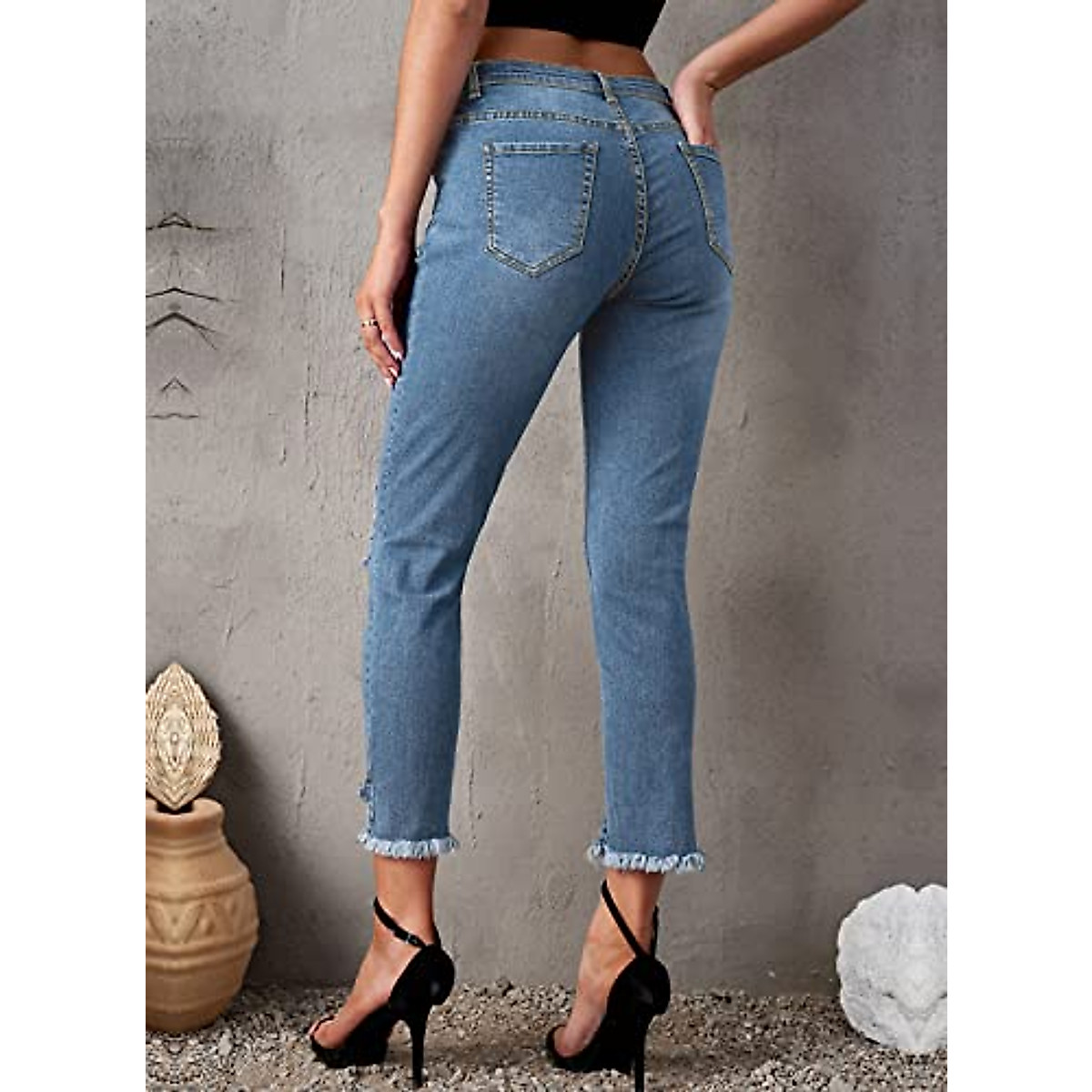 EVALESS Women Ripped High Rise Boyfriend Jeans Pull-On Distressed Stretchy Denim Pants Blue Size 8